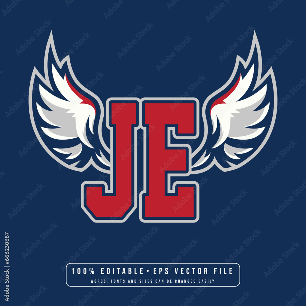 JE wings logo vector with editable text effect. Editable letter JE ...