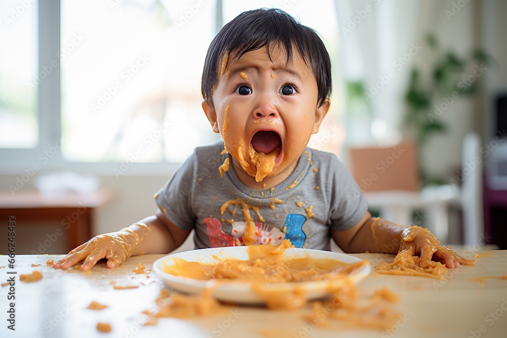 Portrait of a baby boy scared because his face, hands and clothes are ...