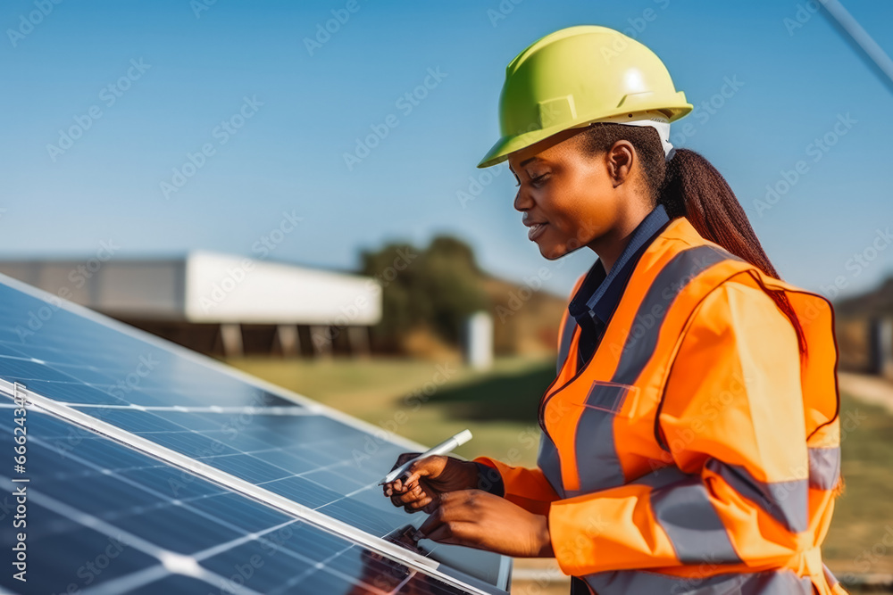 African American technician checks the maintenance of the solar panels ...
