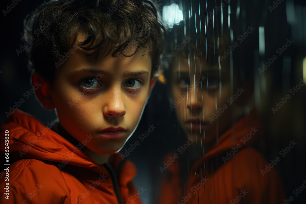 A young boy looking in the mirror, struggling with body image issues ...