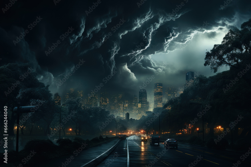 Dark storm clouds gathering over a city, foreshadowing the imminent ...