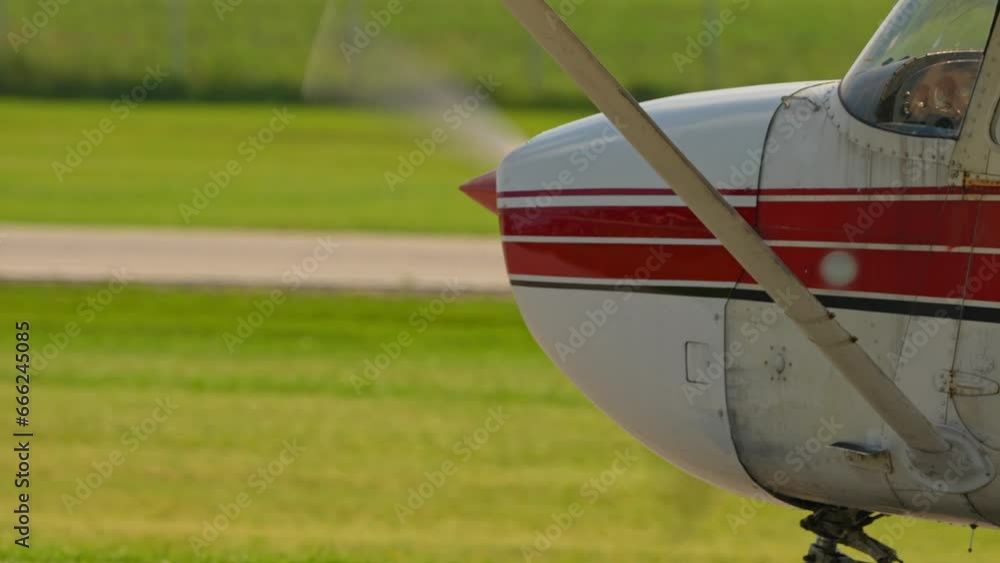 Plane engine with working propeller. Departure warm up of a small ...