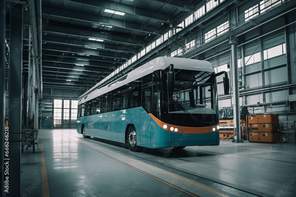 Bus in manufacturing workshop of EV automobile plant. Production of ...