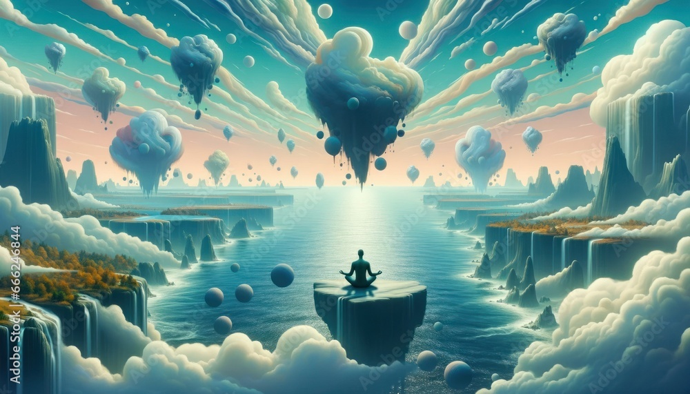 Surreal landscape where the ocean meets the sky, floating islands ...