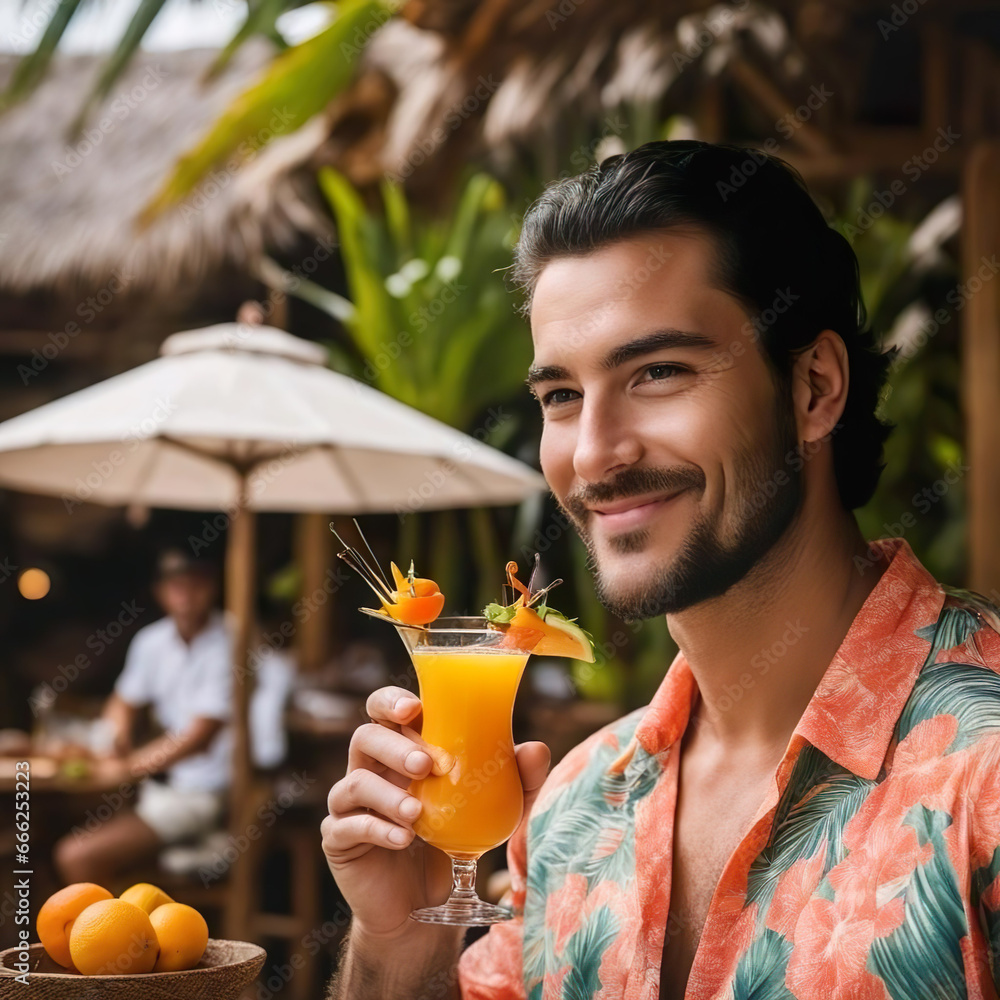 Retrato hombre joven tomando un cóctel de naranja en un bar de un ...