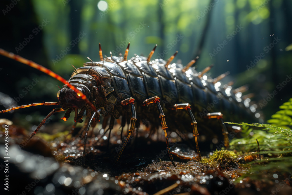 A centipede moving swiftly across the forest floor, with its many legs ...