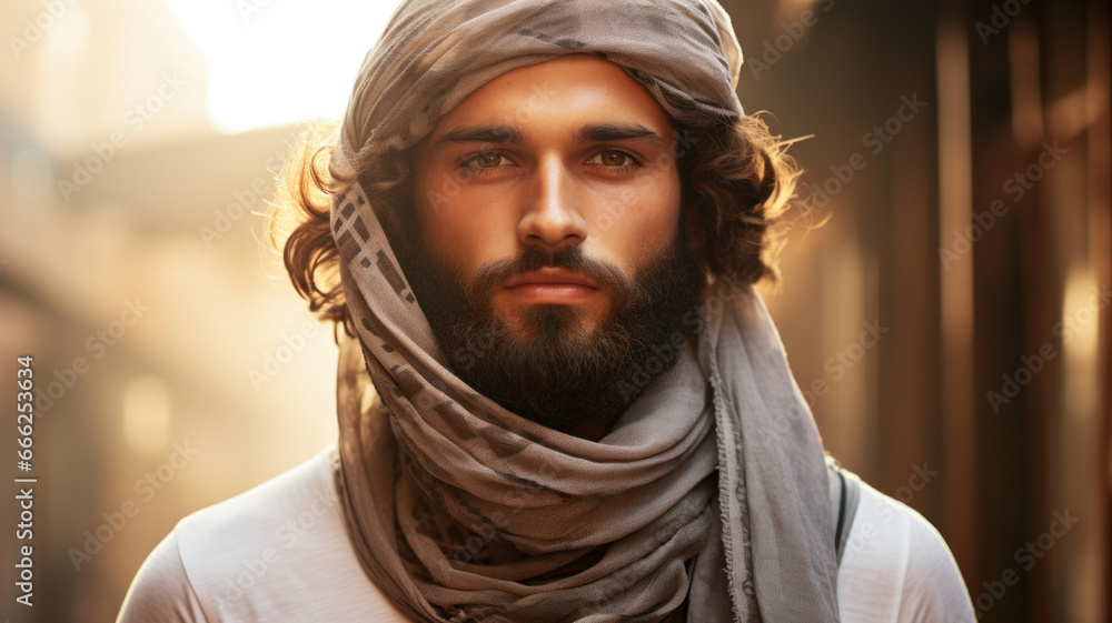Handsome Arab man portrait, face of Palestinian guy on sunny background ...