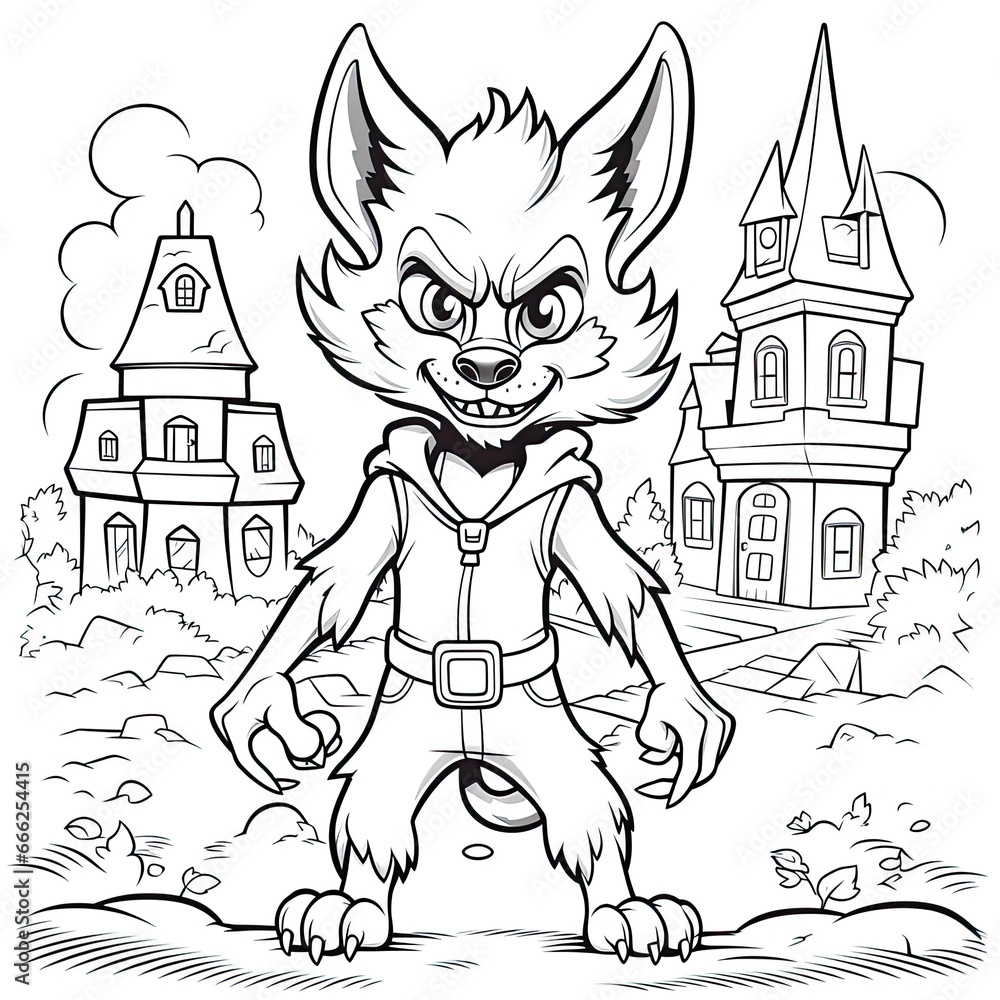 werewolf simple children coloring page Halloween cute white background ...