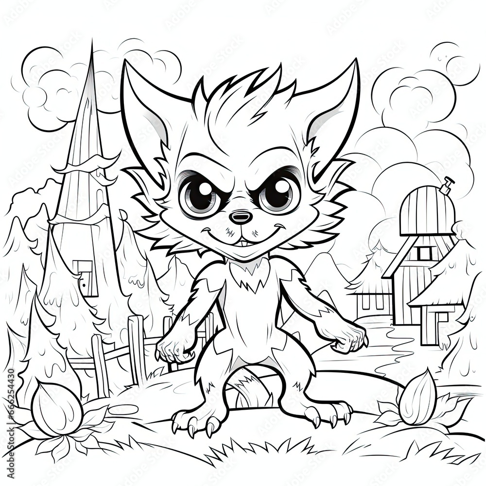 werewolf simple children coloring page Halloween cute white background ...