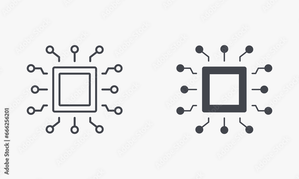 CPU Silhouette and Line Icon Set. Central Processing Unit, Electronic ...