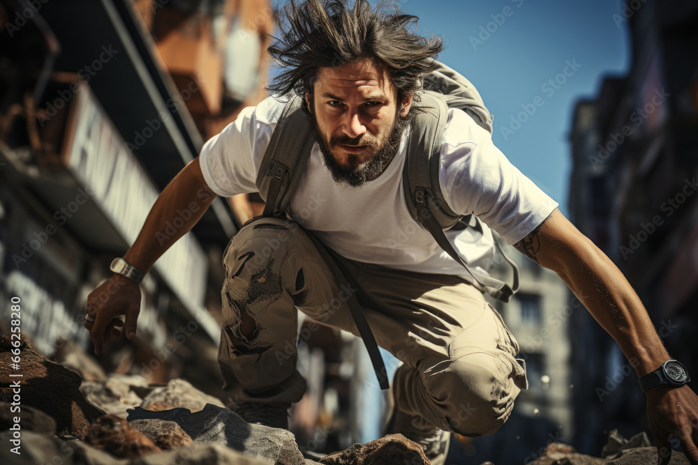 An agile free runner navigating urban obstacles with grace and ...