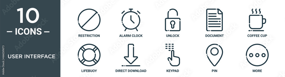 user interface outline icon set includes thin line restriction, alarm clock, unlock, document ...