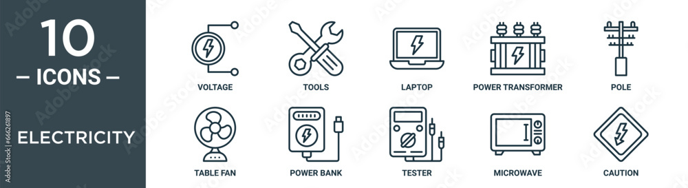 electricity outline icon set includes thin line voltage, tools, laptop ...