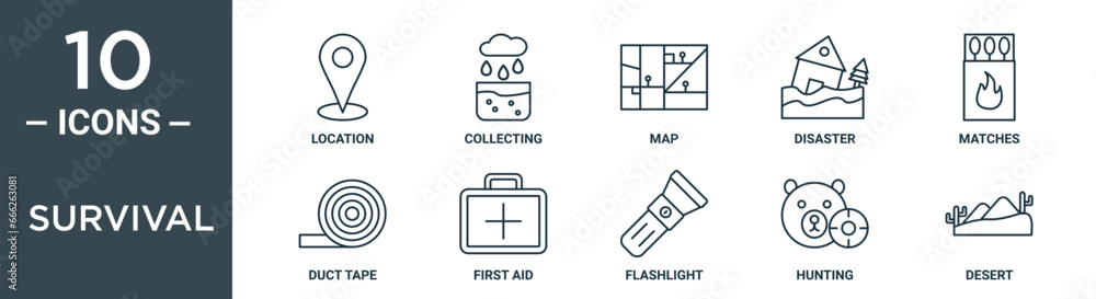 survival outline icon set includes thin line location, collecting, map ...