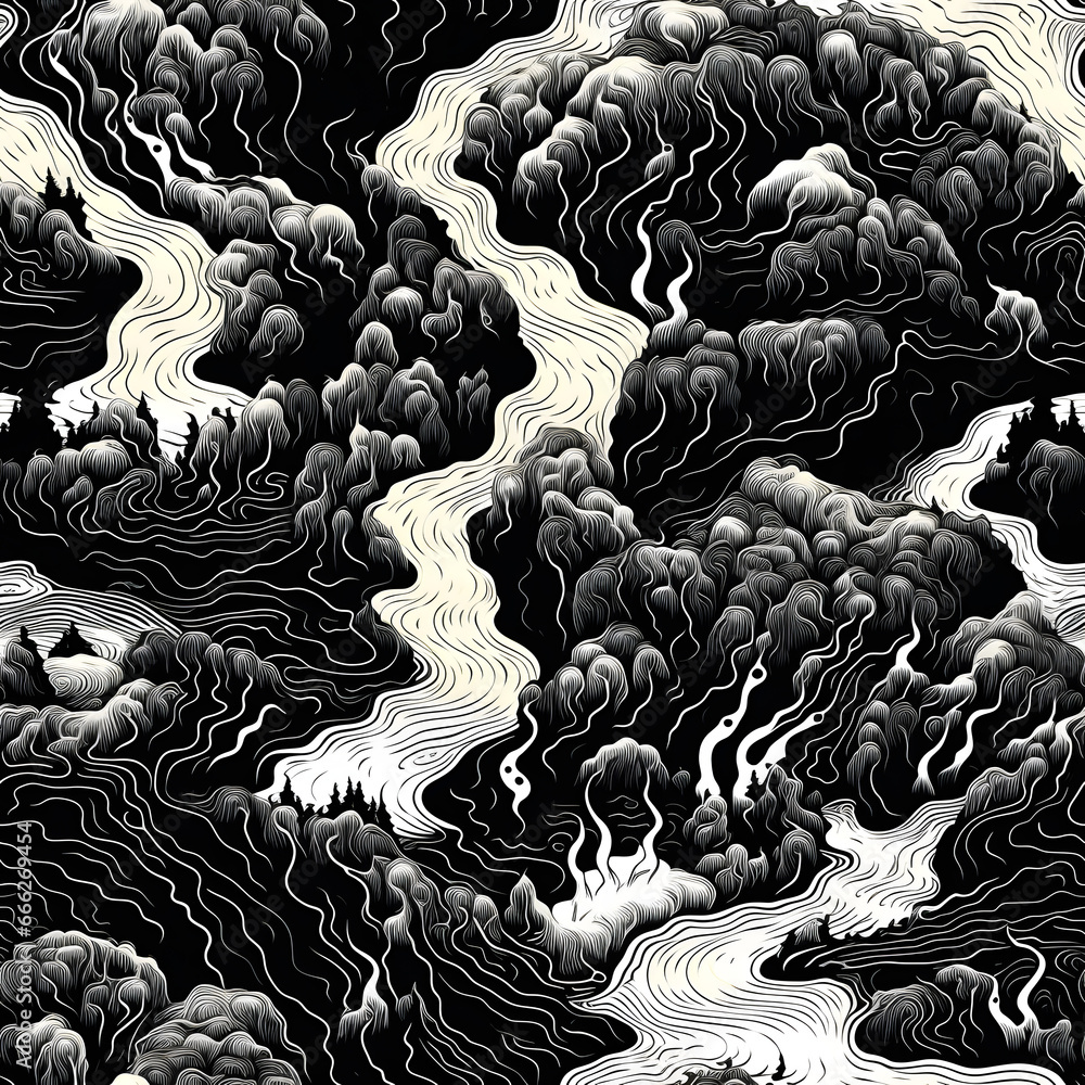 Rivers of flowing ink that meander through a monochromatic landscape ...