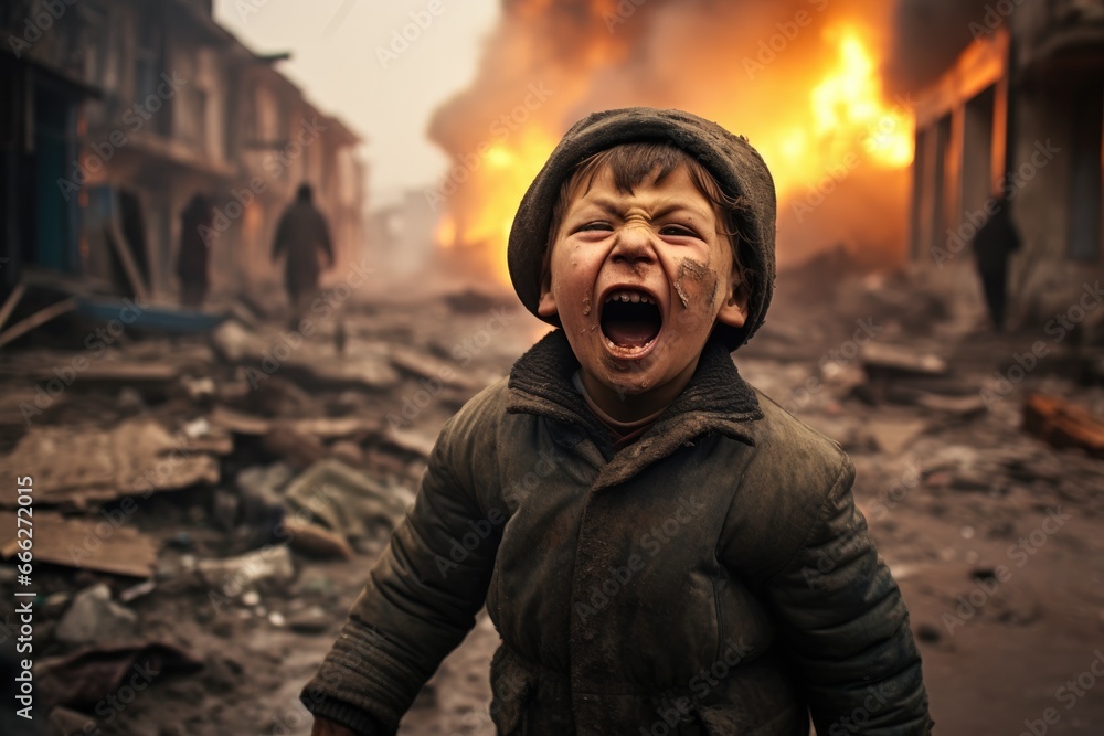 Heartbreaking Image of a Crying Child in a War-Torn City After Bombing ...