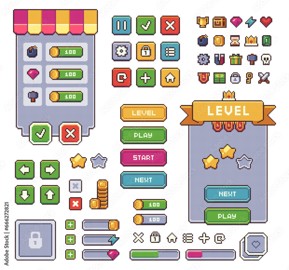 Pixel art game UI buttons. Mobile application interface elements. Progress bar, panel and ...