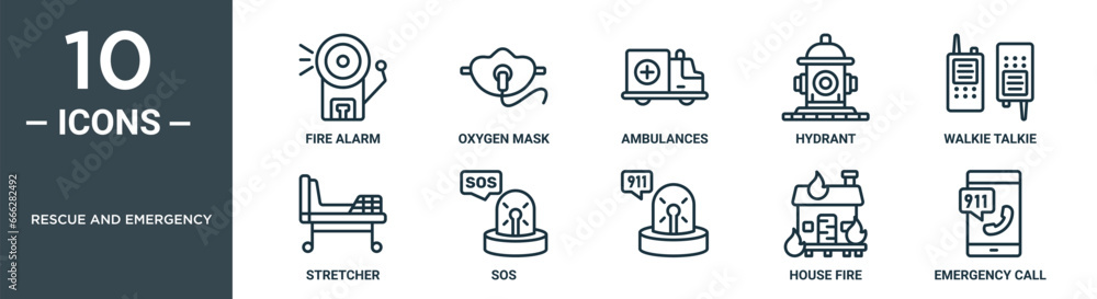 rescue and emergency outline icon set includes thin line fire alarm ...