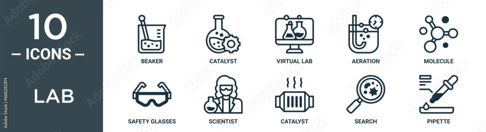 lab outline icon set includes thin line beaker, catalyst, virtual lab ...
