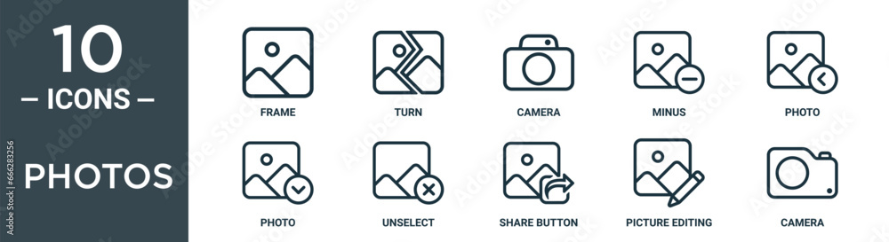 Vetor de photos outline icon set includes thin line frame, turn, camera ...