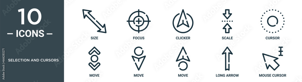 selection and cursors outline icon set includes thin line size, focus, clicker, scale, cursor ...