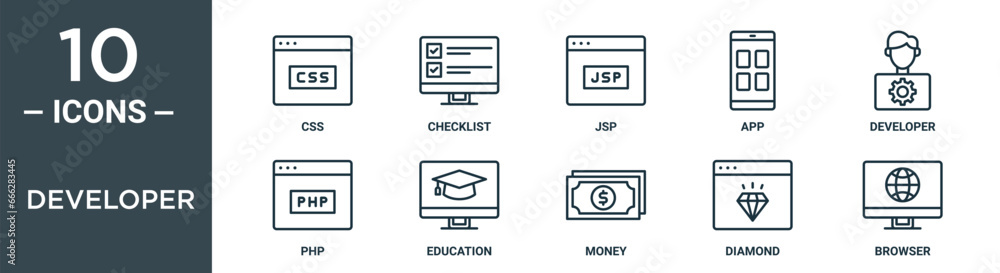 developer outline icon set includes thin line css, checklist, jsp, app ...