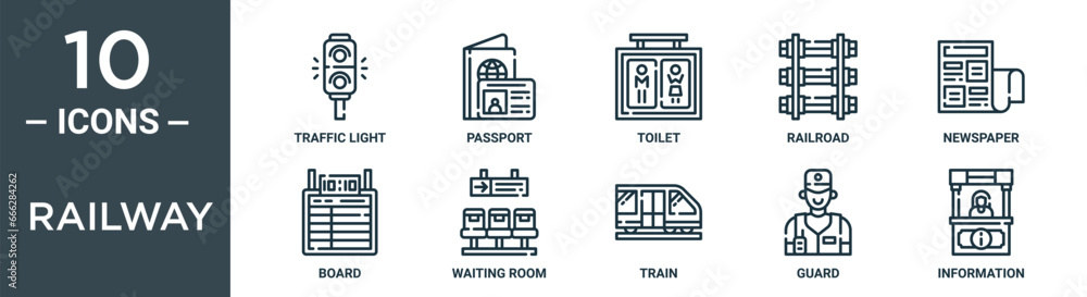 railway outline icon set includes thin line traffic light, passport ...