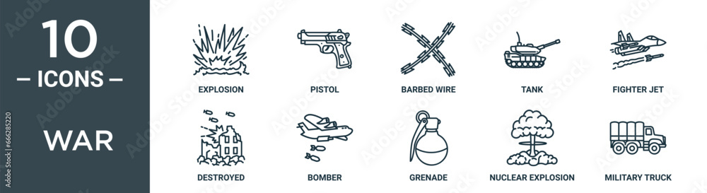 war outline icon set includes thin line explosion, pistol, barbed wire ...