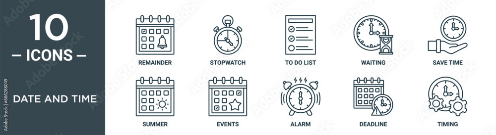 date and time outline icon set includes thin line remainder, stopwatch ...