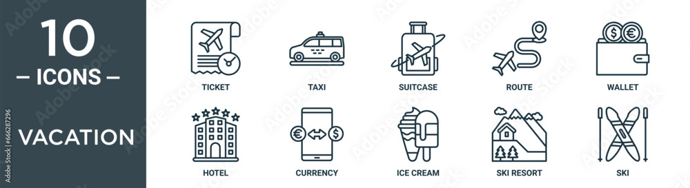 vacation outline icon set includes thin line ticket, taxi, suitcase ... vacation outline icon set includes thin line ticket, taxi, suitcase ...