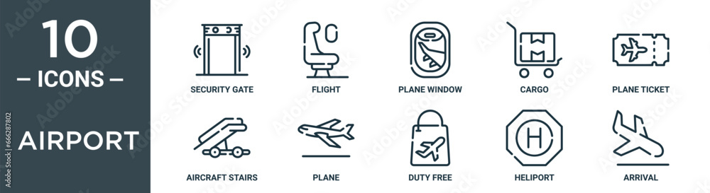 airport outline icon set includes thin line security gate, flight ...