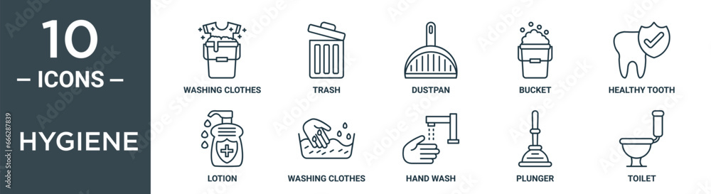 hygiene outline icon set includes thin line washing clothes, trash ...