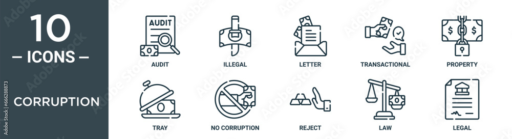 corruption outline icon set includes thin line audit, illegal, letter ...