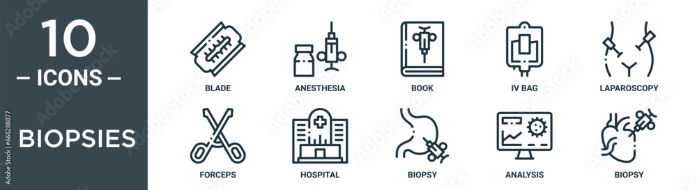 biopsies outline icon set includes thin line blade, anesthesia, book ...