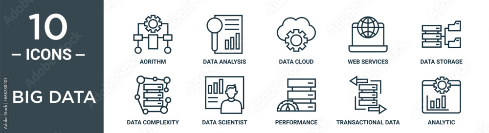 big data outline icon set includes thin line aorithm, data analysis ...