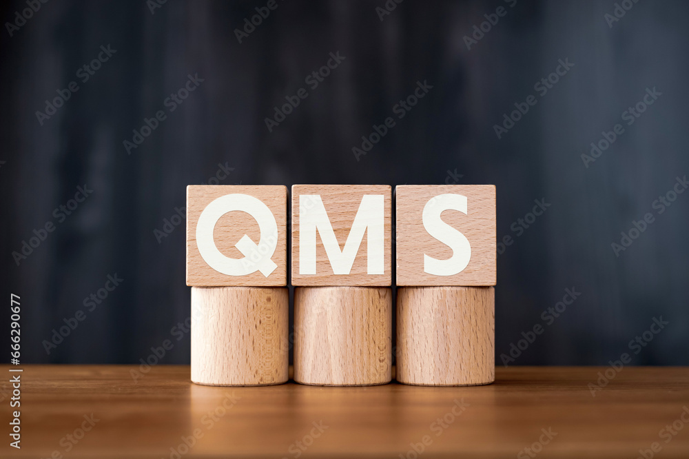 There is wood cube with the word QMS. It is an abbreviation for Quality ...