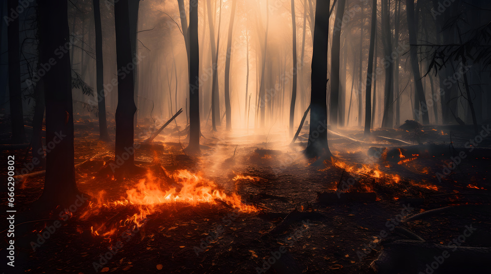 Forest fire, a result of an ecological crisis. Trail of destruction ...