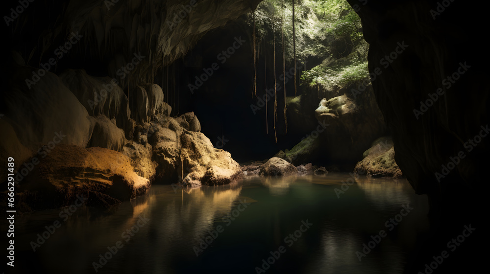 An underground river flows through a dark cave. Sunlight penetrates ...