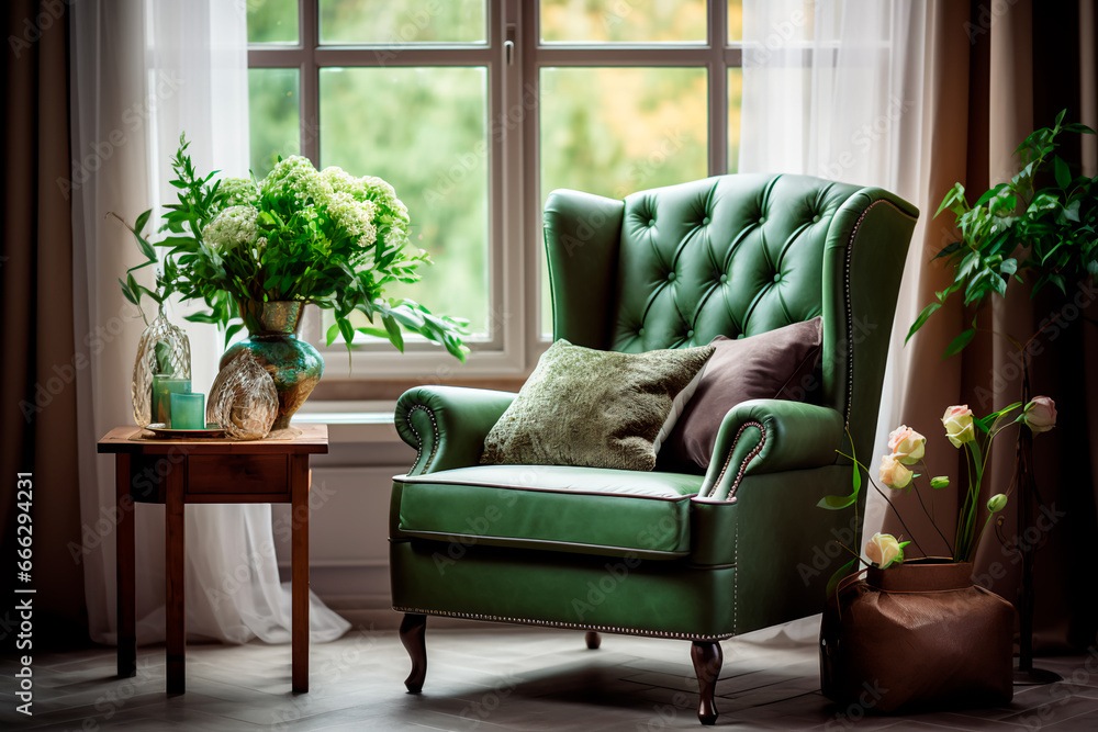 Green wingback chair near window. Classic home interior design of ...