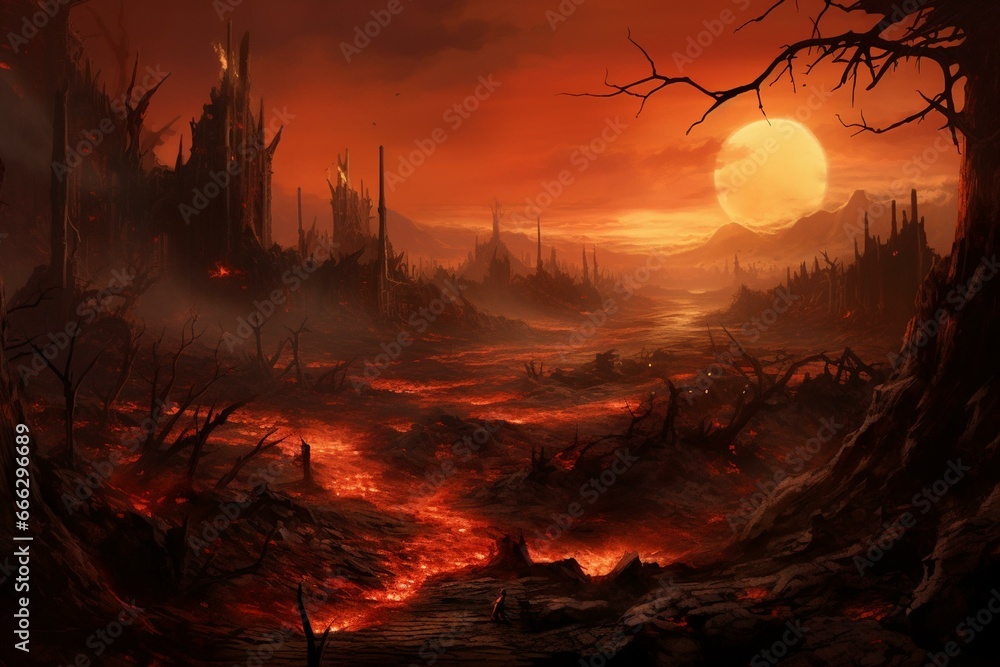 Landscape ravaged by fire, depicting pyropunk aesthetics in concept art ...