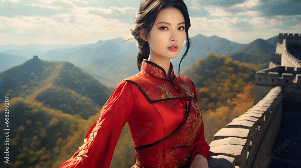 A young Chinese woman in a red traditional dress with gold trim ...