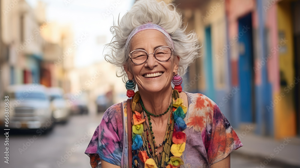cheerful elderly hippie woman in bright clothes on a city street, old ...