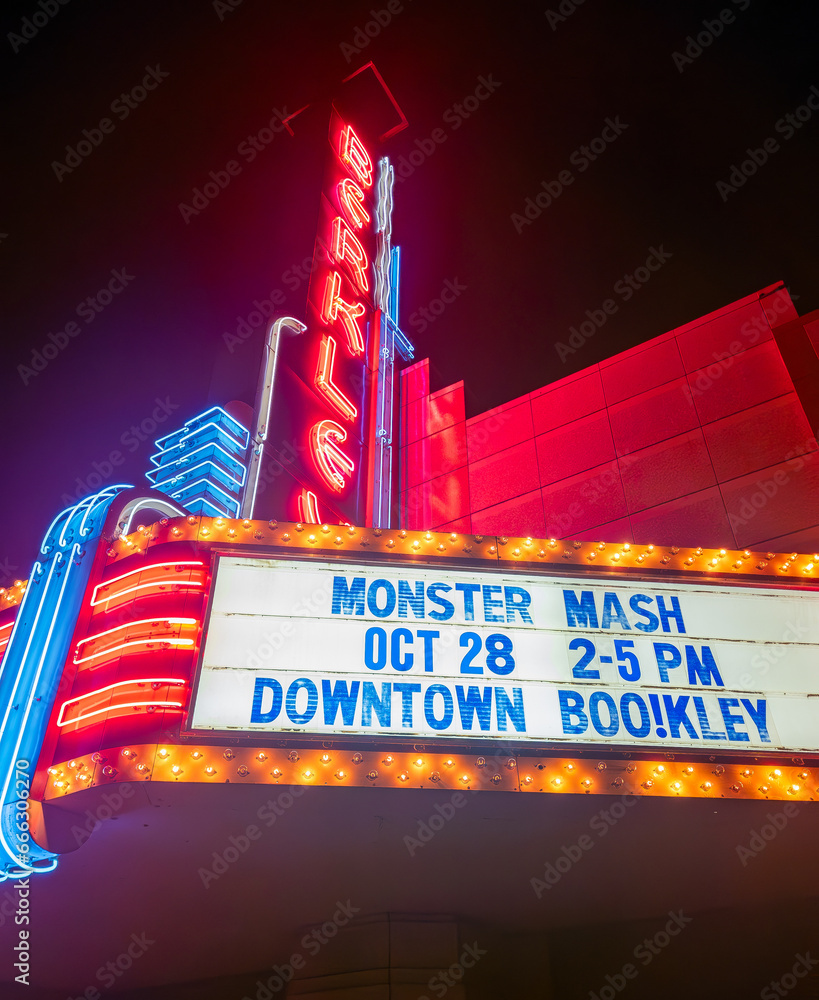 Historic Berkley theatre red and blue neon sign marquee advertising the ...