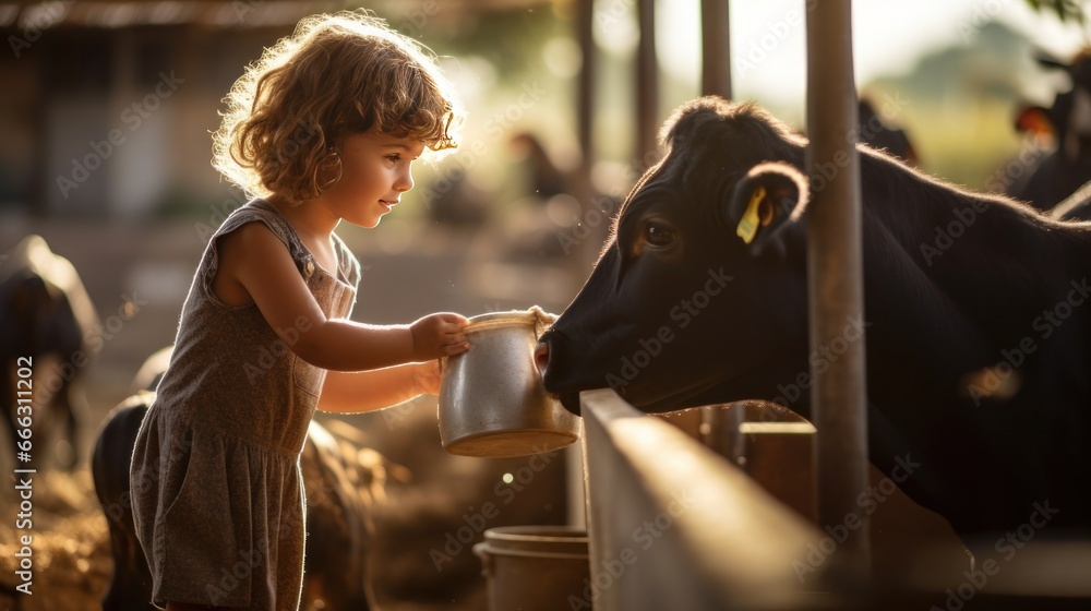 A young child with a dairy cow on a farm, a child feeding a cow, a ...