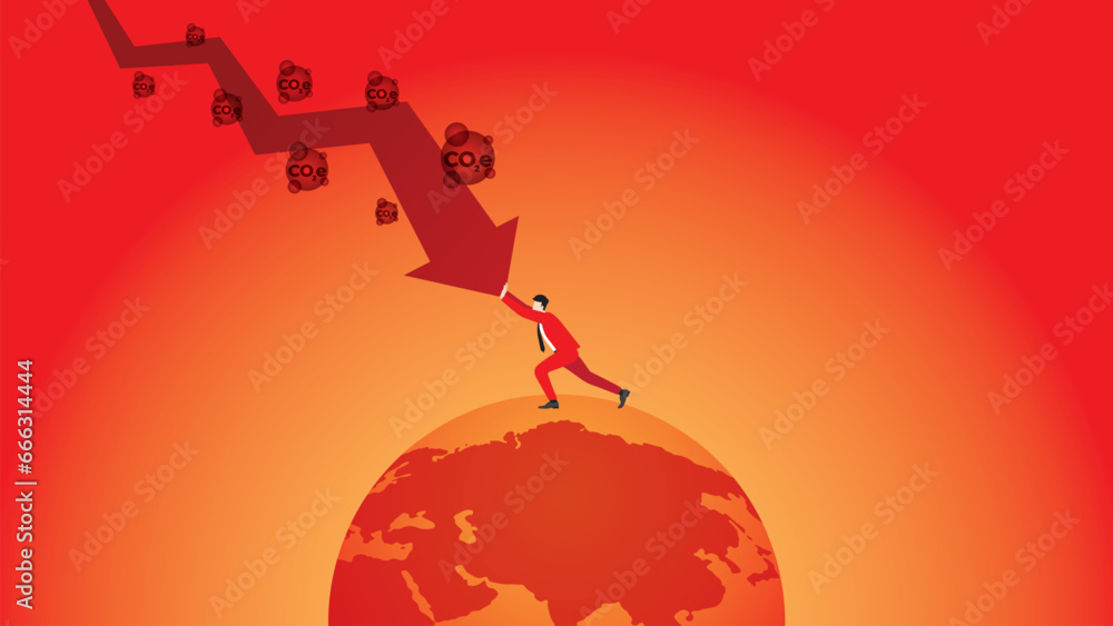 Vektorová grafika „A businessman pushes a down graph of CO2e, to ...