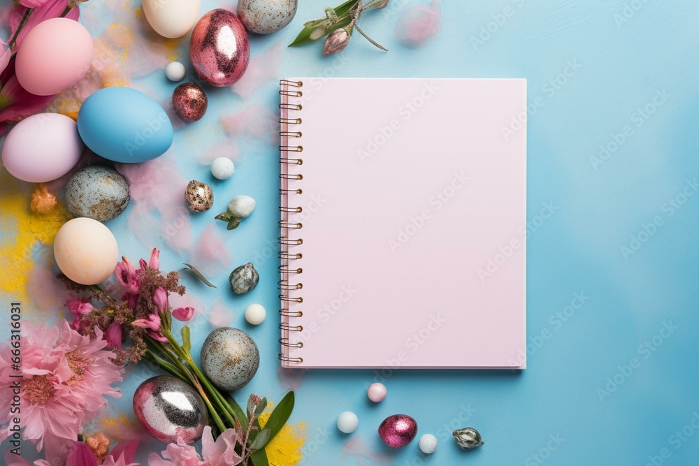 Frame decorated with flowers and easter eggs on a pink and blue ...