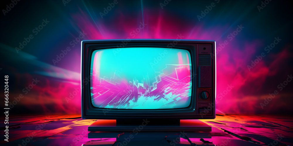 Retro computer screen displaying vibrant purple 80s wave background ...