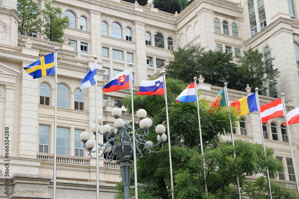 Flags of Different Countries in European Union Flying Outside a ...