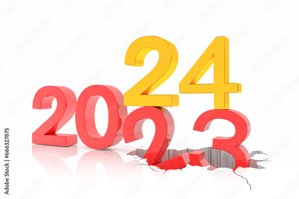 3d render of the numbers 2024 and 23 in red and gold over white ...
