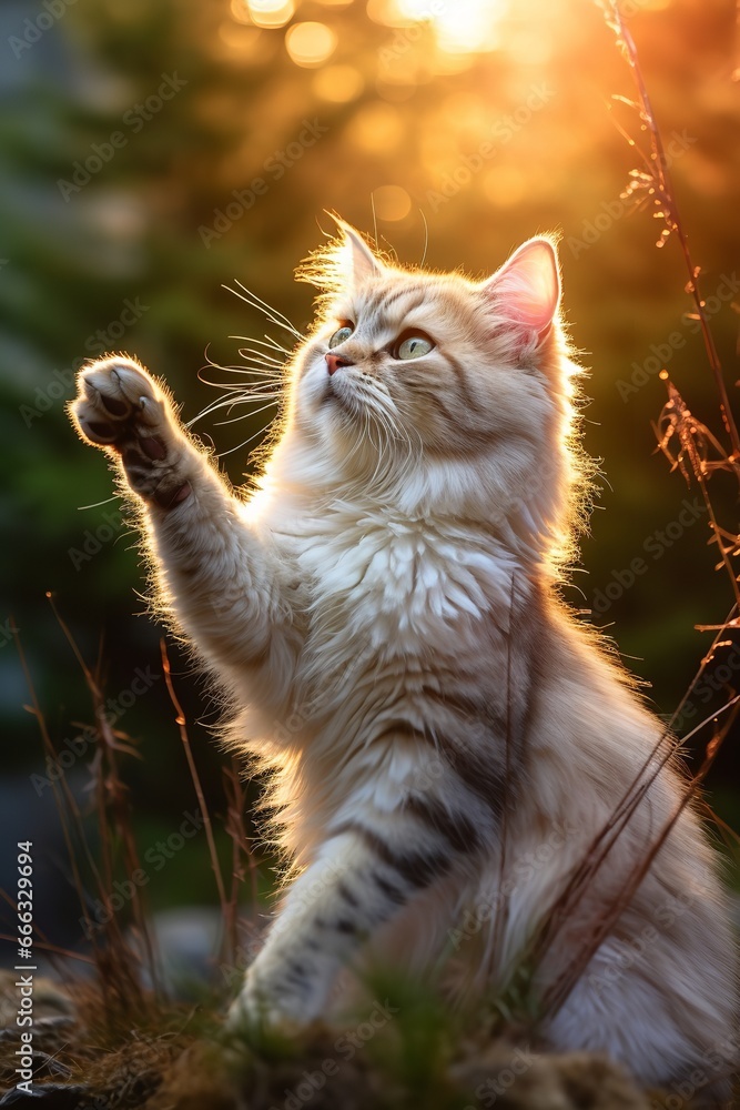 A curious cat stands on its hind legs, reaching up with its paw in the ...